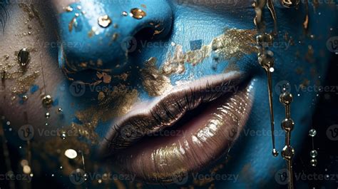 Close Up Of Artistic Makeup With Blue And Gold Paint 53187152 Stock