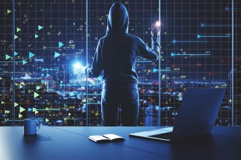 Premium Photo Back View Of Hacker With Forex Chart In Office Interior With Laptop Coffee Cup