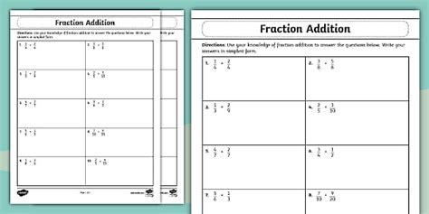 Middle School Basic Skills Fraction Addition Intervention Activity