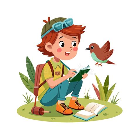 Boy Scout Observes Bird And Takes Notes Learning About Nature Stock