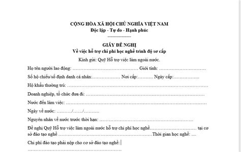 Mẫu Giấy đề Nghị Hỗ Trợ Chi Phí Học Nghề Trình độ Sơ Cấp đối Với Người