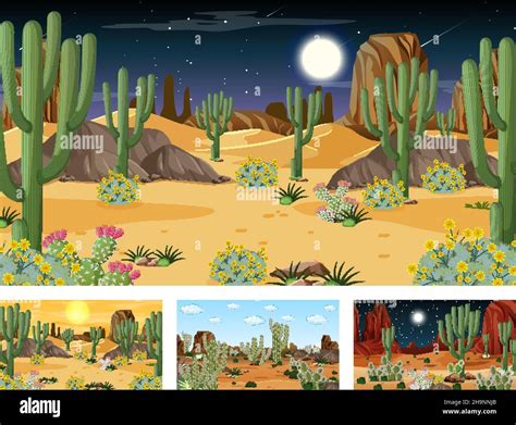 Different Desert Forest Landscape Scenes With Various Desert Plants
