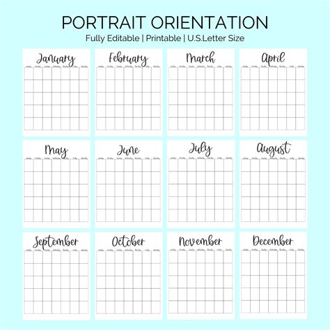 Monthly Blank Calendar Template Editable 12 Month Blank Calendars