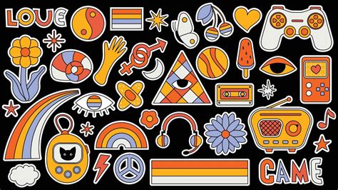 Set Of Hipster Retro Cool Psychedelic Elements Collection Stickers Of