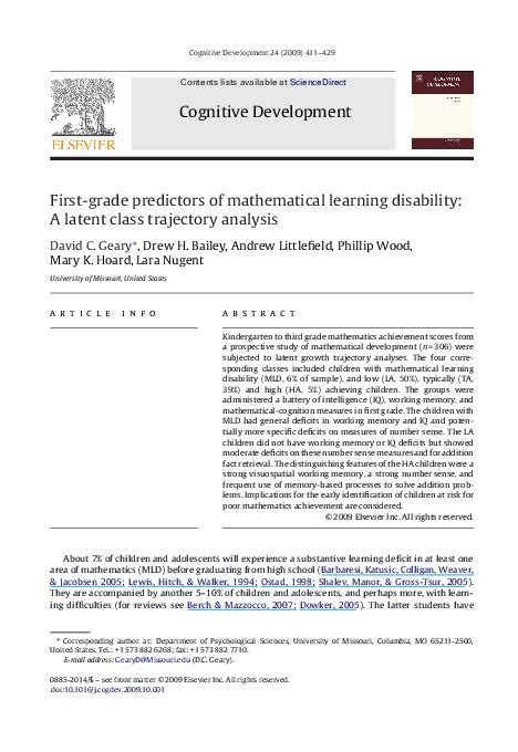 Pdf First Grade Predictors Of Mathematical Learning Disability A