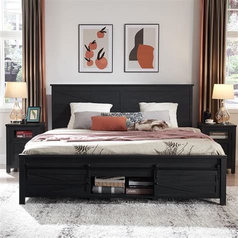 Jxqtlingmu Farmhouse Wood Bed Frame King Size With Sliding Barn Door