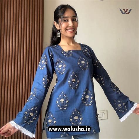 Navy Blue Floral Printed Bell Sleeve Short Kurti Walusha