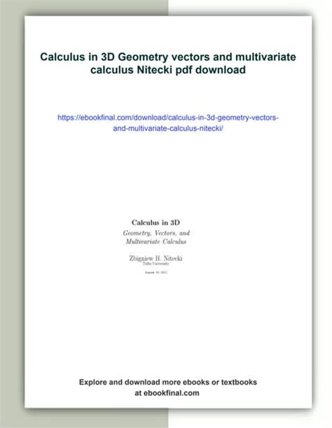 Calculus In 3d Geometry Vectors And Multivariate Calculus Nitecki Pdf