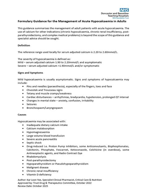 Formulary Guidance For The Management Of Acute Hypocalcaemia In Adults