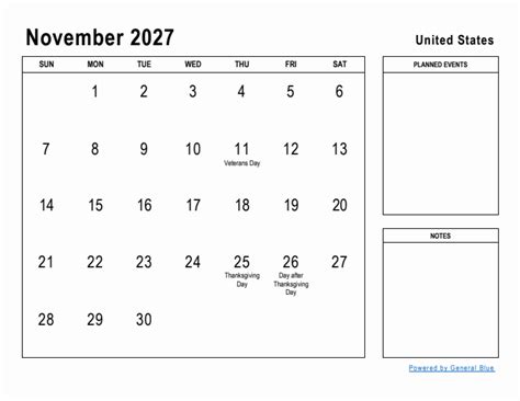 November 2027 Monthly Calendars With United States Holidays