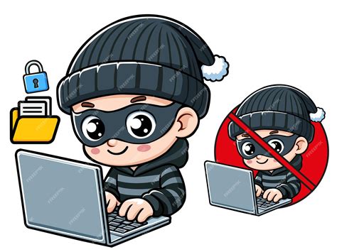 Cute Thief Hacker Exploitant Un Ordinateur Portable Illustration De L