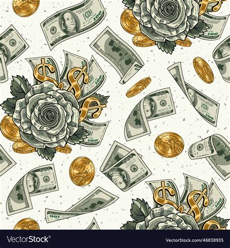 Pattern With Falling Dollar Bills Coins Rose Vector Image