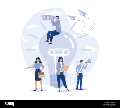 Big Light Bulb Generating Ideas In Business Woman With Tablet Writes Down Solution Men With