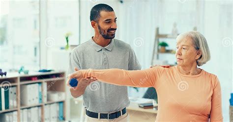 Weights Physiotherapy And Man With Mature Woman For Mobility Medical