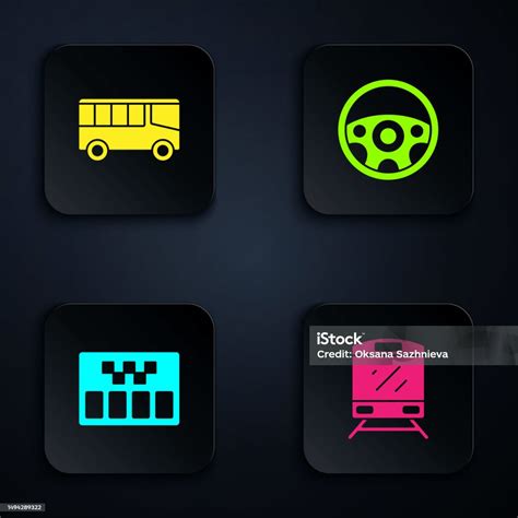 Atur Kereta Bus Taksimeter Dan Setir Tombol Persegi Hitam Vektor Ilustrasi Stok Unduh Gambar