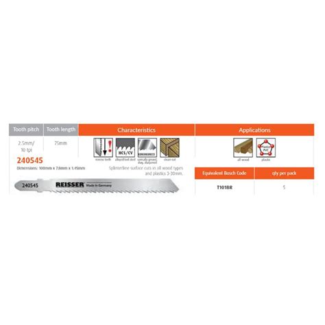 Reisser T101br Jigsaw Blade For Wood 100 X 7 8 X 1 45mm 10 Tpi Pack Of 5