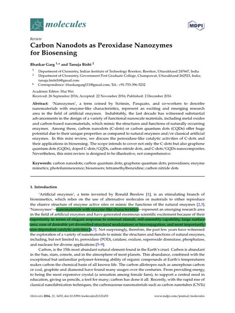 Carbon Nanodots As Peroxidase Nanozymes For Biosensing Pdf X Ray Photoelectron Spectroscopy