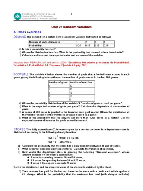 a class exercises unit 2 random variables pdf variance