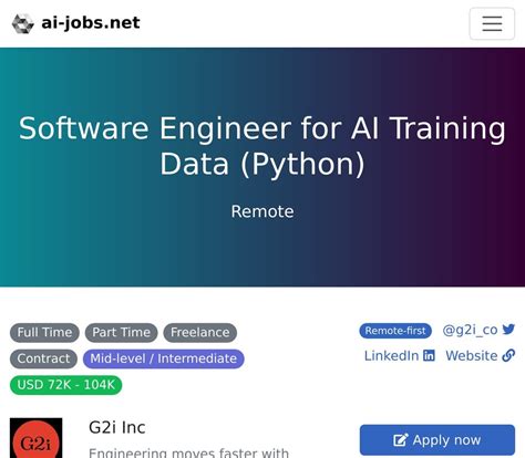 Hiring Freelance Contract Usd 72k 104k Software Engineer For Ai
