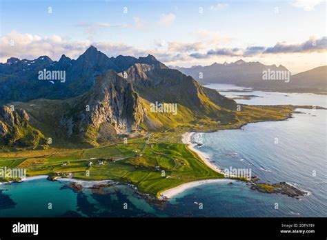 View Of Flakstad And The Beach Of Skagsanden Mountains And Fjord