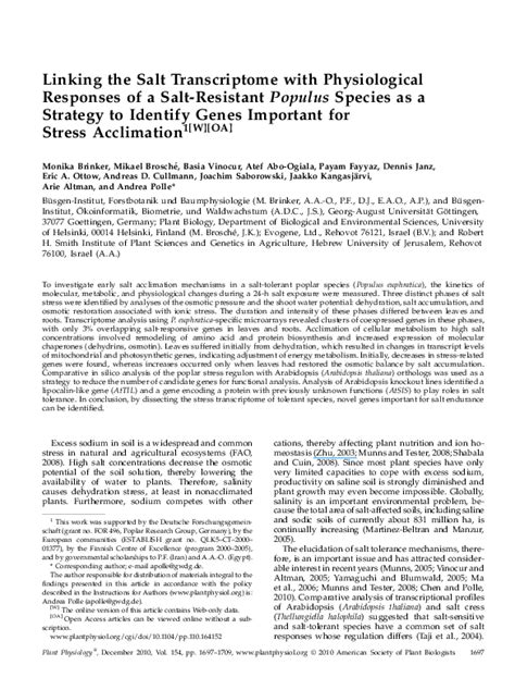 Pdf Linking The Salt Transcriptome With Physiological Responses Of A Salt Resistant Populus