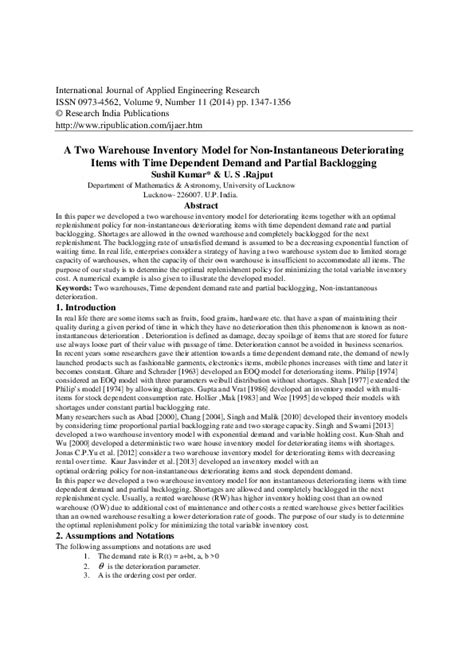 Pdf A Two Warehouse Inventory Model For Non Instantaneous