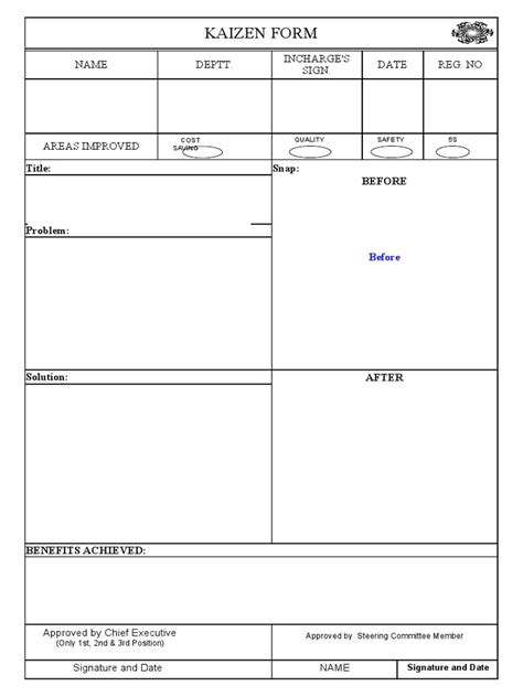 Kaizen Form Name Deptt Date Reg No Incharges Sign Pdf