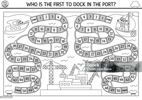 도시 교통 흑백 경쟁 주사위 보드 게임 보트 항구 스피드 보트 요트가 있는 아이들을 위한 수상 운송 보드 게임 인쇄 가능한 선 활동 또는 색칠 페이지 보드게임에 대한 스톡