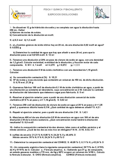 Ejercicios Leyes Fundamentales De La Química FÍsica Y QuÍmica 1º