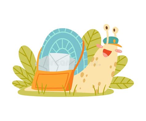 Cute Snail Character With Coiled Shell Carrying Envelope On Its Back