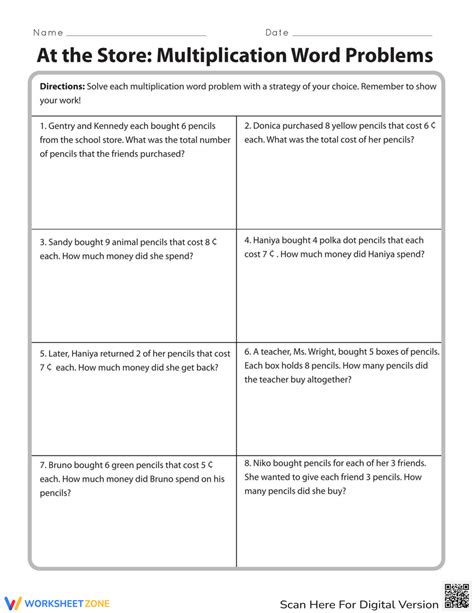 At The Store Multiplication Word Problems Worksheet