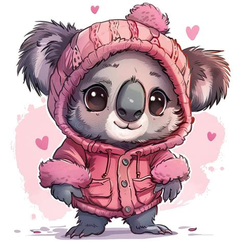 Cute Cartoon Koala Wearing Warm Pink Hoodie Surrounded By Hearts Stock