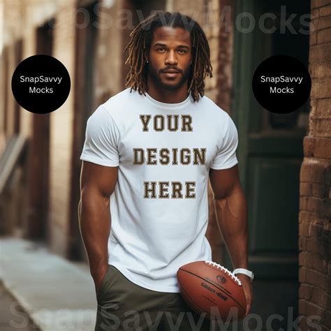 White Football Mockup Shirt Black Male Model Bella Canvas 3001 White T