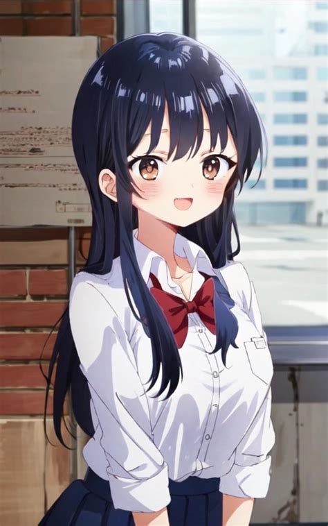 Anime Girl In A White Shirt And Blue Skirt With A Red Bow Seaart Ai