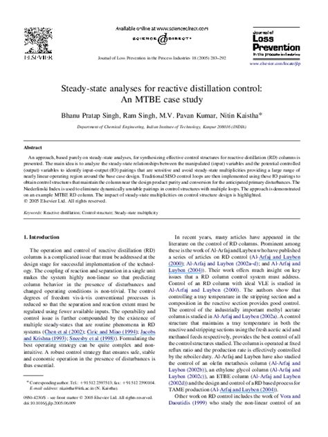 Pdf Steady State Analyses For Reactive Distillation Control An Mtbe