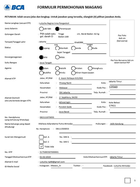 Formulir Permohonan Magang Bca Fillable Form Lutysha Regina Irma