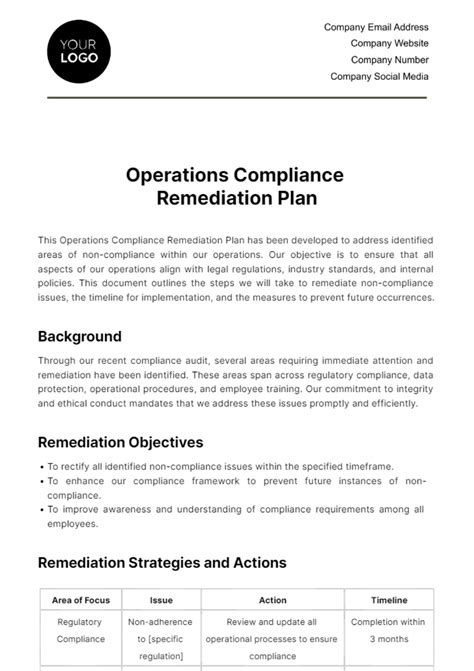 Free Operations Compliance Remediation Plan Template Edit Online And Download