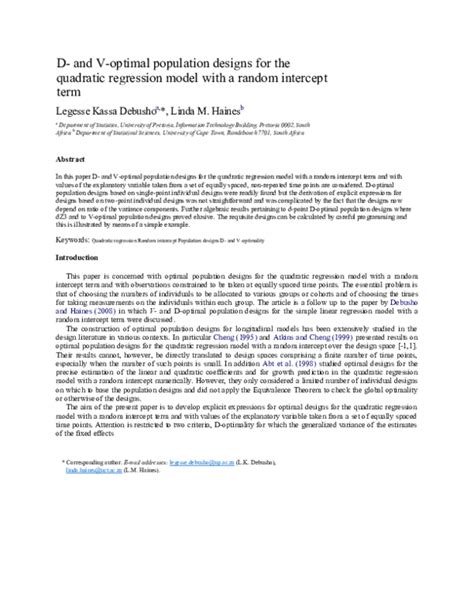 Pdf D And V Optimal Population Designs For The Quadratic Regression Model With A Random
