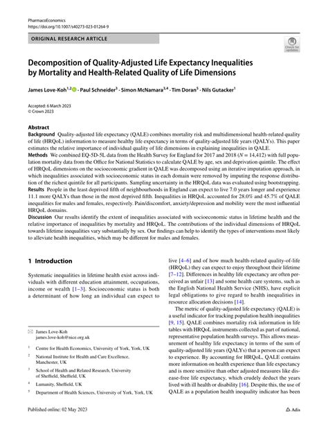 Pdf Decomposition Of Quality Adjusted Life Expectancy Inequalities By