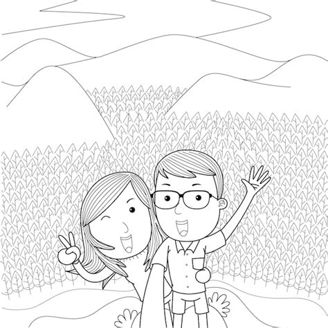 Casal Viajando No Estilo De Arte De Linha Vetor Premium