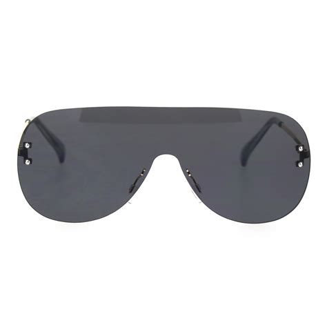 Minimal Shield Rimless Futuristic Large Racer Pilots Sunglasses Black