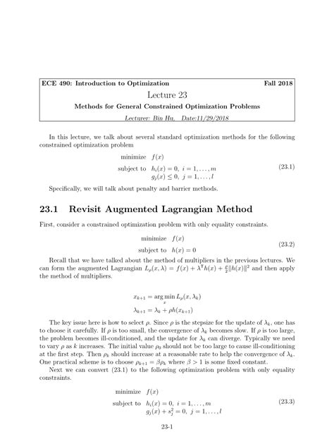 Lecture 23 231 Revisit Augmented Lagrangian Method Docslib