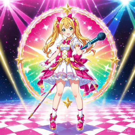 Magical Idol Anime Girl With Microphone Stand On Checkered Floor Sdxl