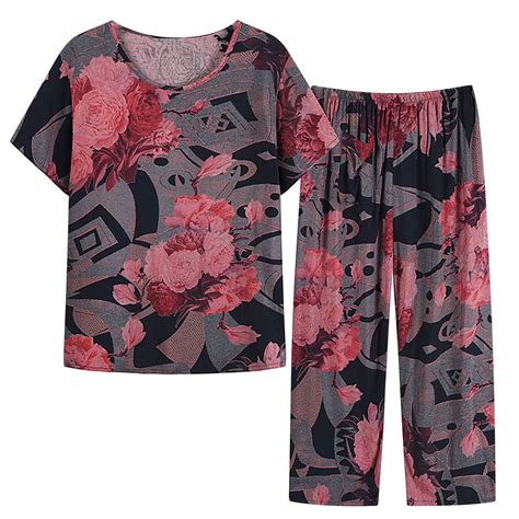 Njoeus Plus Size Womens Pajama Sets Cotton Pj Set Short Sleeve Top With