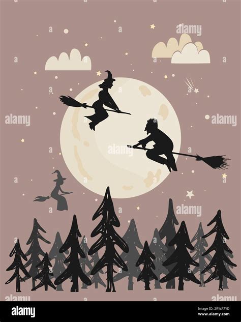 Black Silhouette Of A Young Witches And Wizards Flying On Broom Above