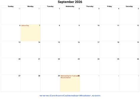 September 2026 Printable Calendar With Canadian Holidays Custom