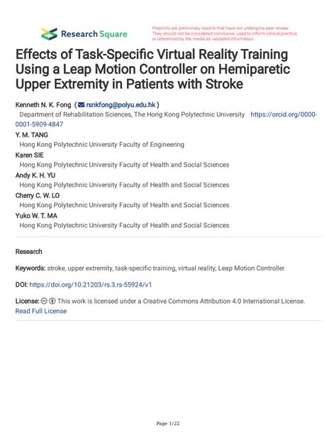 Pdf Effects Of Task Specific Virtual Reality Training Using A Leap Motion Controller On