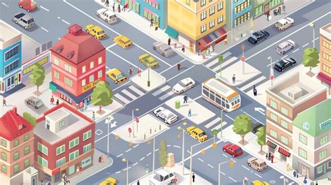 A Vibrant Isometric Illustration Of A Busy City Intersection With