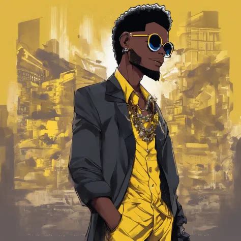 Dark Skin Teenager Wearing Yellow Sunglasses Black Fur Trimmed Coat