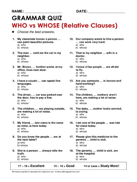 Fillable Online Grammar Quiz Who Vs Whose Relative Clauses Fax Email